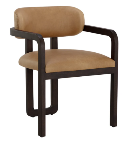 Restaurant Arm Chair in Camel top grain leather and Oak wood leg.